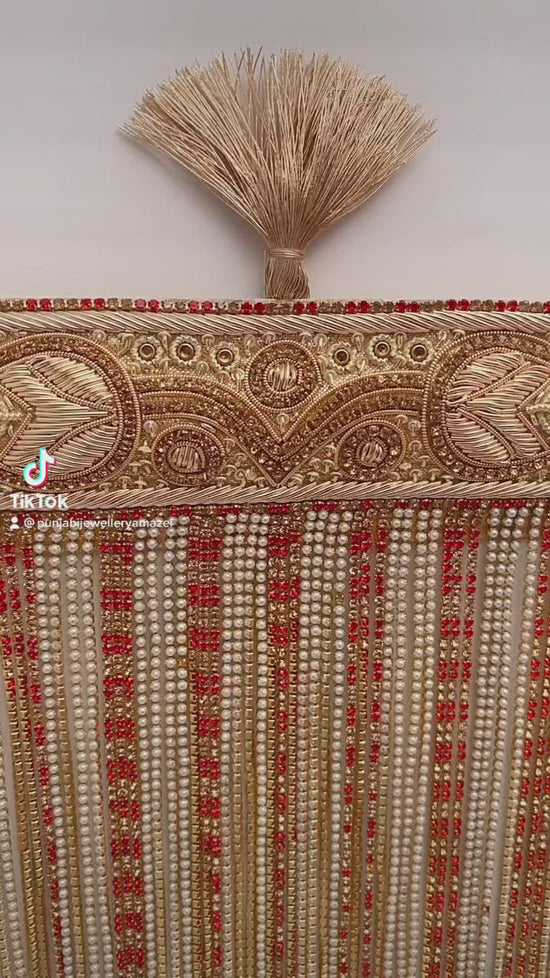 Dabka Work Sehra With Layers Of Red Golden Crystals And Beads – Amazel ...