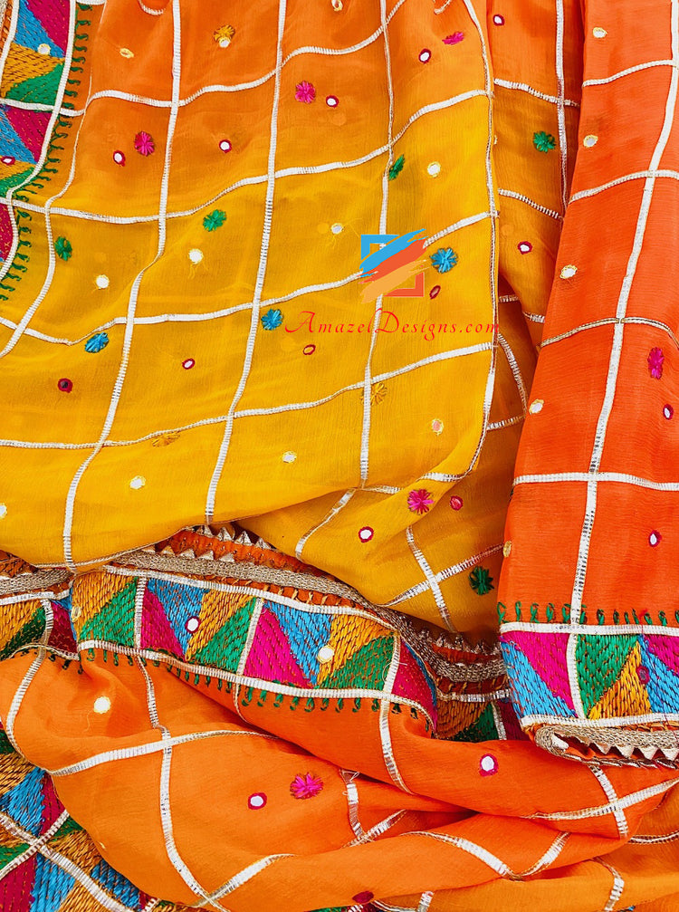 4D Aari Mirror Work Orange Yellow Shades Fulkari – Amazel Designs