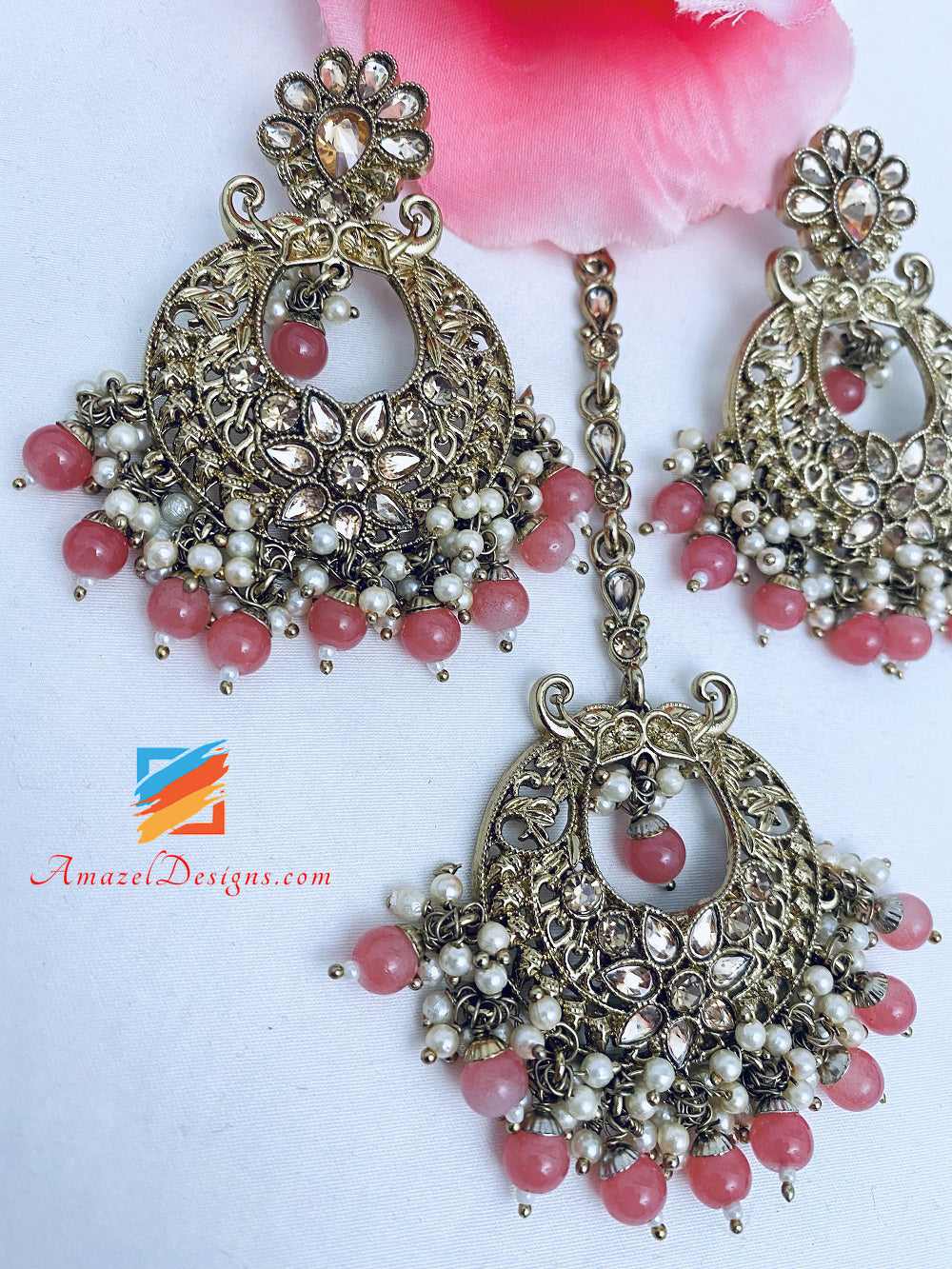 Beautiful Earring Tikka Set with Pink Beads – Amazel Designs