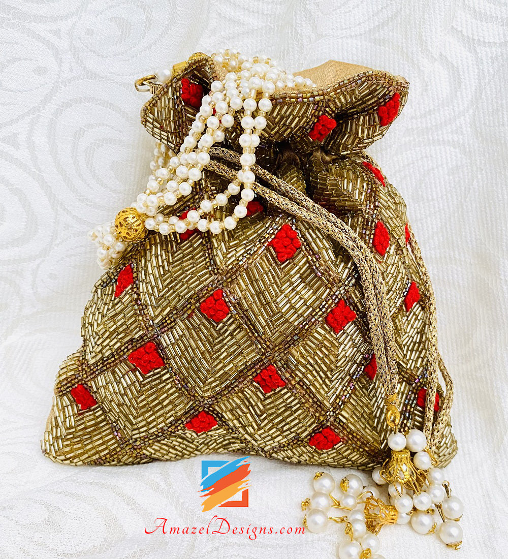 Golden Nalki Work With Touch Of Red - Potli – Amazel Designs
