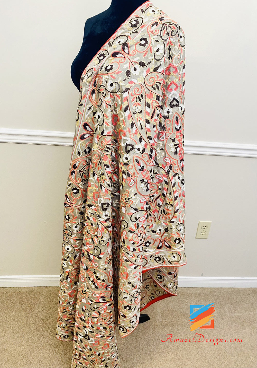 Grey All Over Chain Ambi Embroidery Duppata Shawl – Amazel Designs