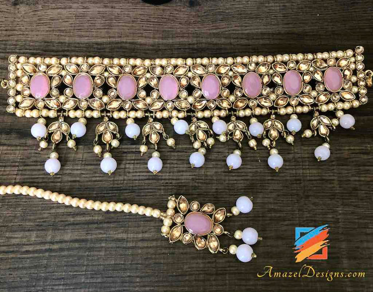 Light Weight Champagne Pink Choker with Earrings Tikka Set – Amazel Designs