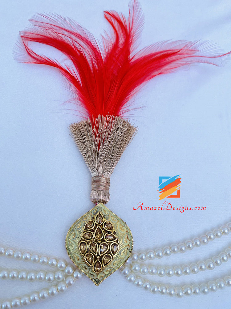 Polki Painted Pearls Red Kalgi And Layered Mala Set – Amazel Designs