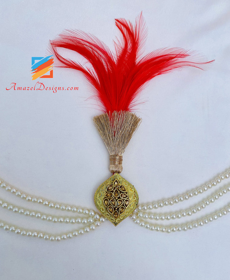 Polki Painted Pearls Red Kalgi And Layered Mala Set – Amazel Designs