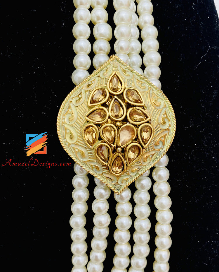 Polki Painted Pearls Red Kalgi And Layered Mala Set – Amazel Designs