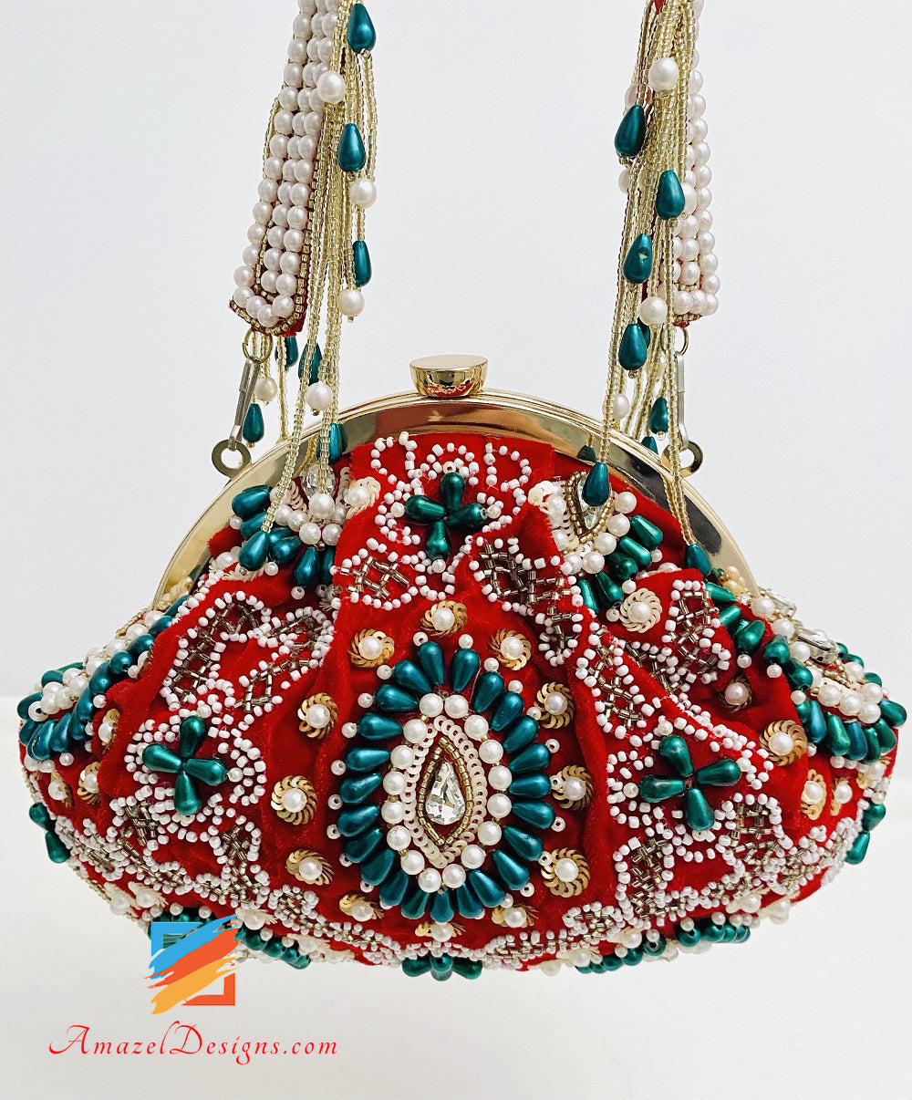 Red Both Side Beads Pearls Sitara Crystals Work – Amazel Designs