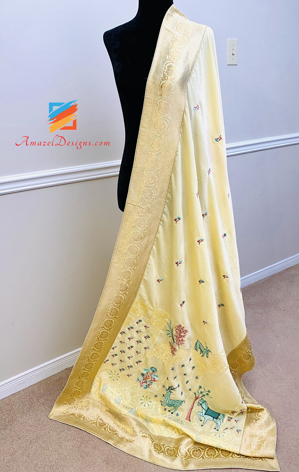 Traditional Touch Lemon 🍋 Yellow Brocade Border Velvet Shawl – Amazel ...